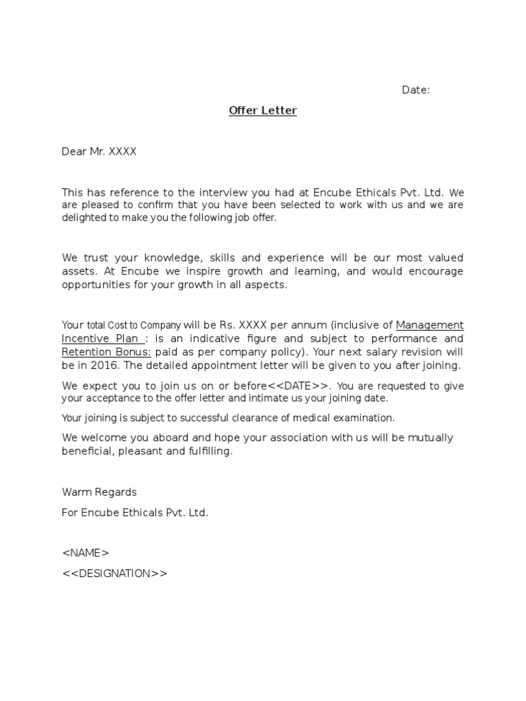 Encube Ethicals Job Offer Letter | PDF | Career & Growth | Business