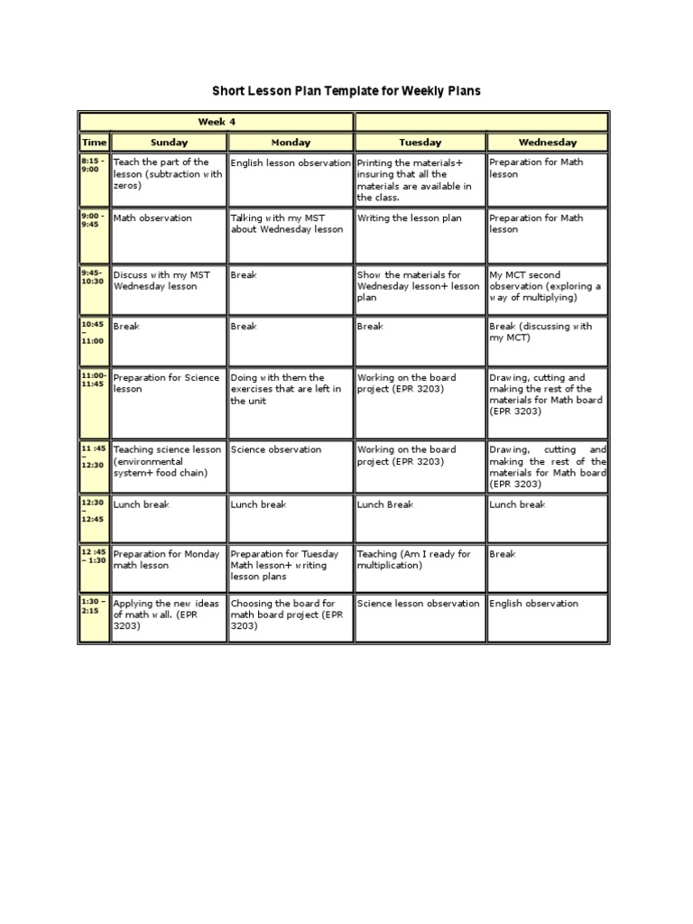 Short Lesson Plan Template For Weekly Plans: Week 4 Time Sunday Monday ...