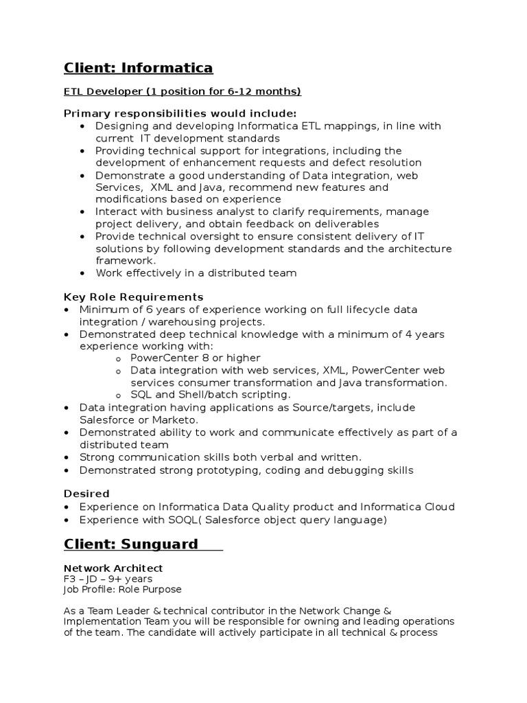 Client: Informatica: Primary Responsibilities Would Include | PDF ...