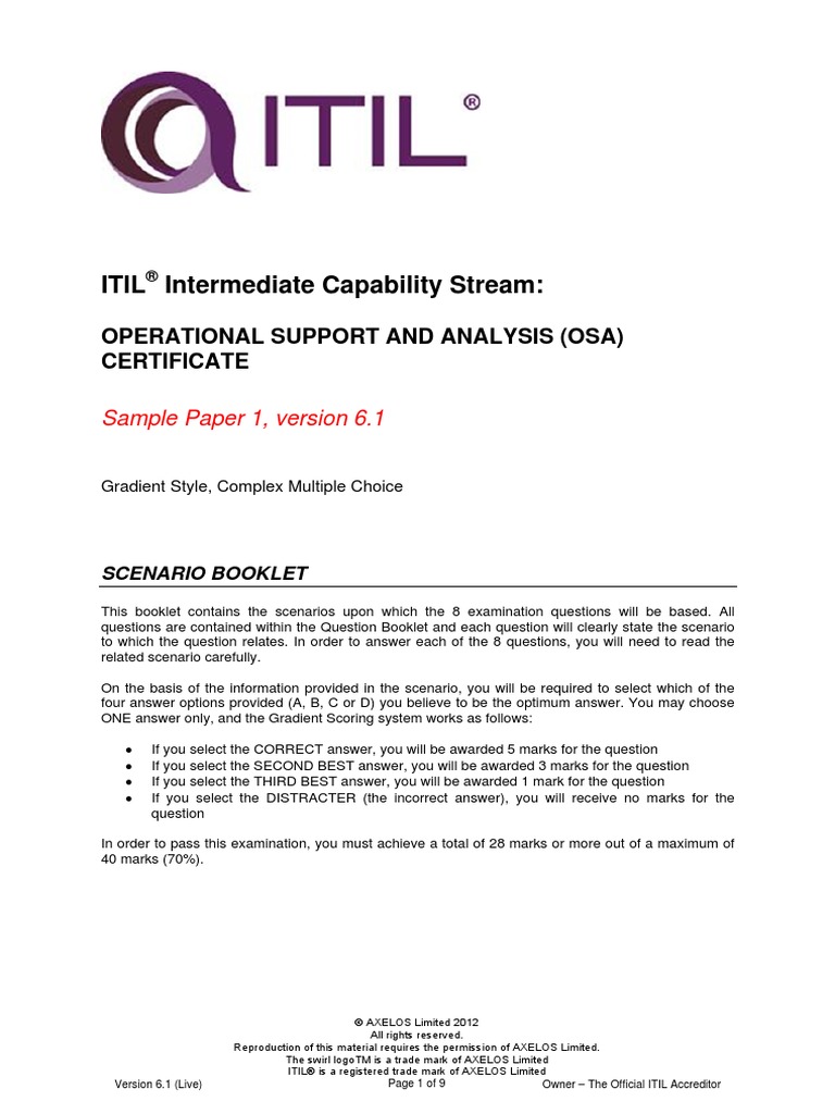ITIL Intermediate Capability OSASample1 SCENARIO BOOKLET v6.1 | Itil ...