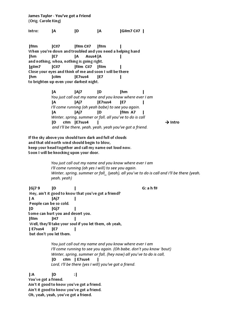 James Taylor - You've got a friend Lyrics + Chords