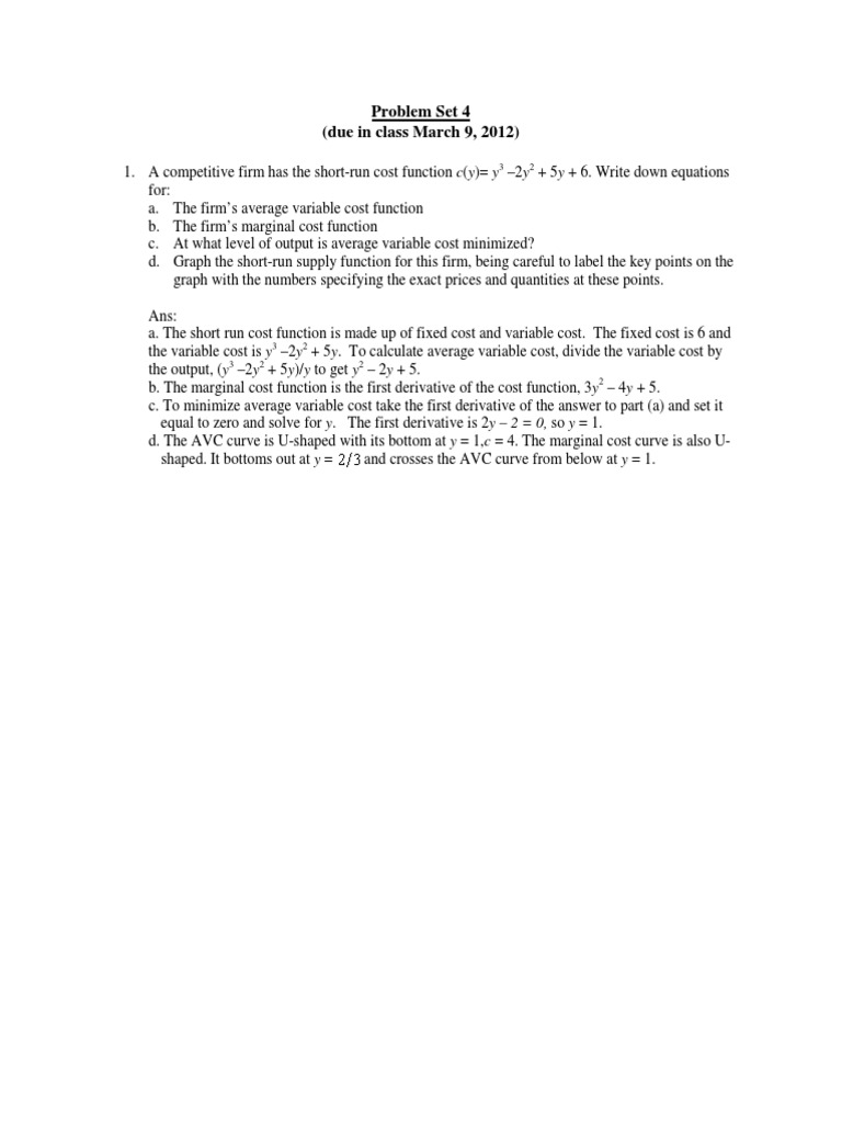 Problem Set 4 Answer Key | PDF | Marginal Cost | Prices