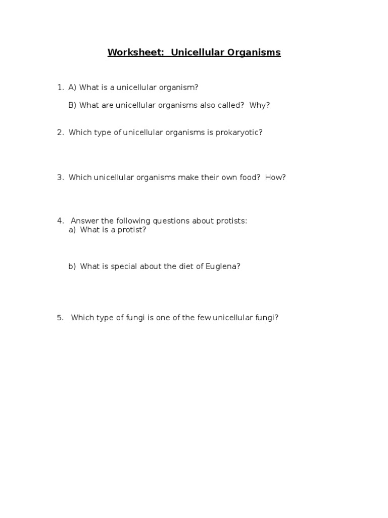 Worksheet: Unicellular Organisms | PDF | Science & Mathematics