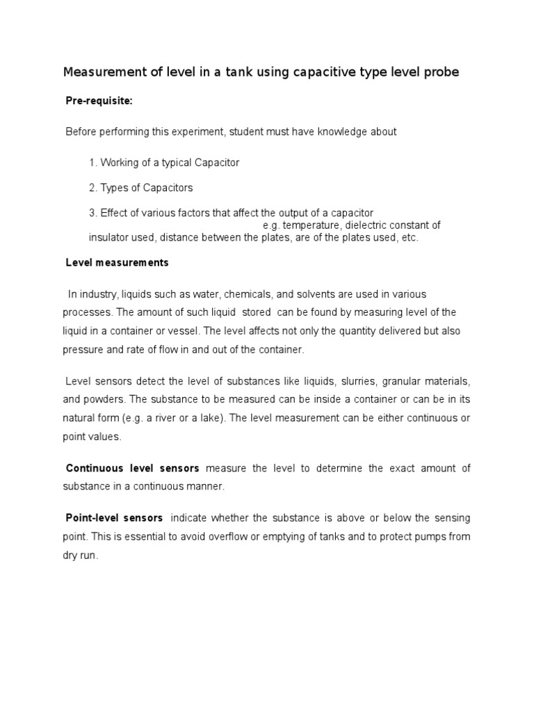 Measurement of Level in A Tank Using Capacitive Type Level Probe | PDF ...