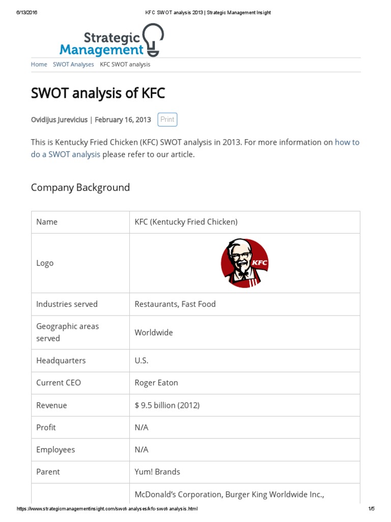 KFC SWOT Analysis 2013 - Strategic Management Insight | PDF | Fast Food ...