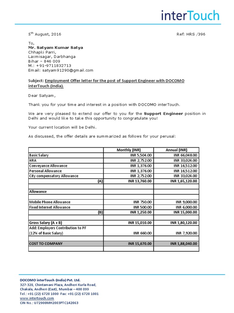 Satyam Kumar's Job Offer Details | PDF