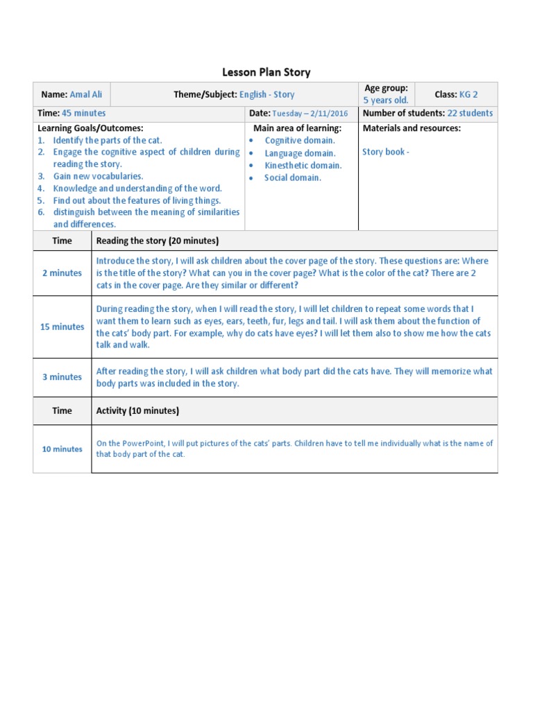 Lesson Plan Story | PDF | Cats | Vocabulary