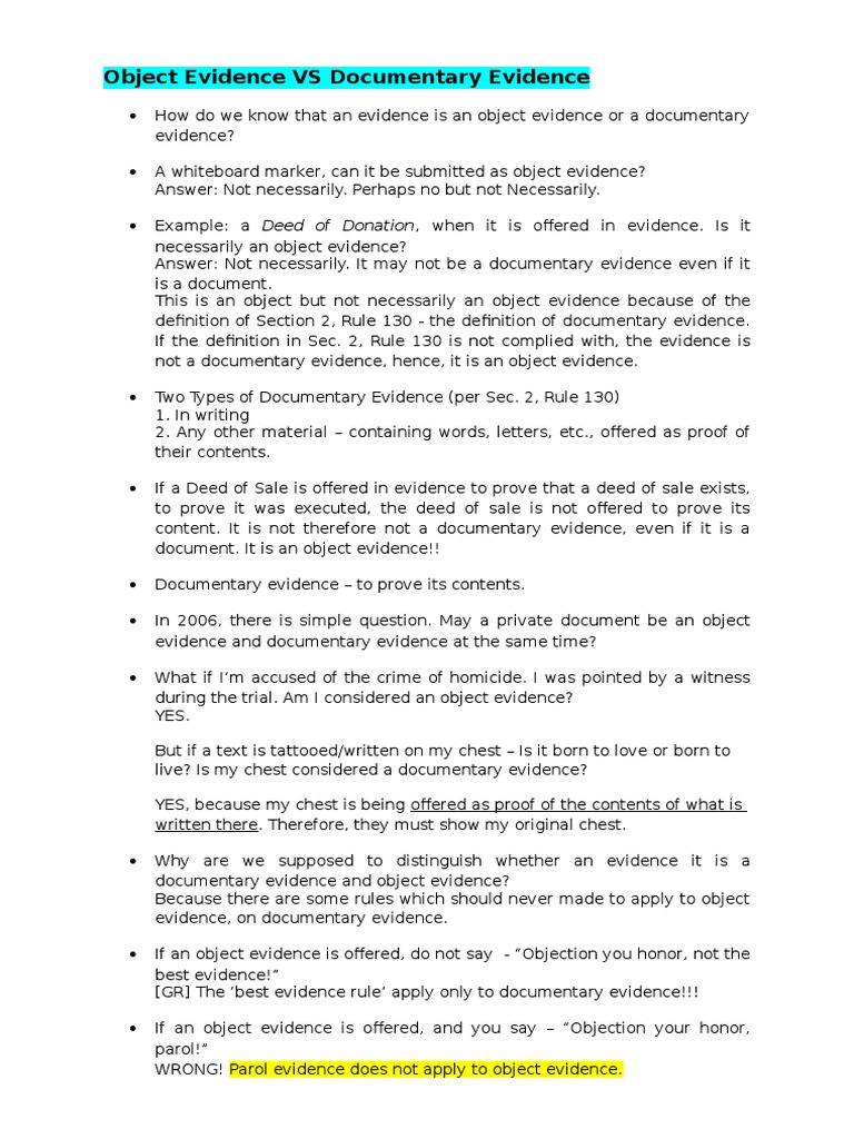 Evidence 2 (Object vs Documentary Evidence) | Evidence (Law) | Witness