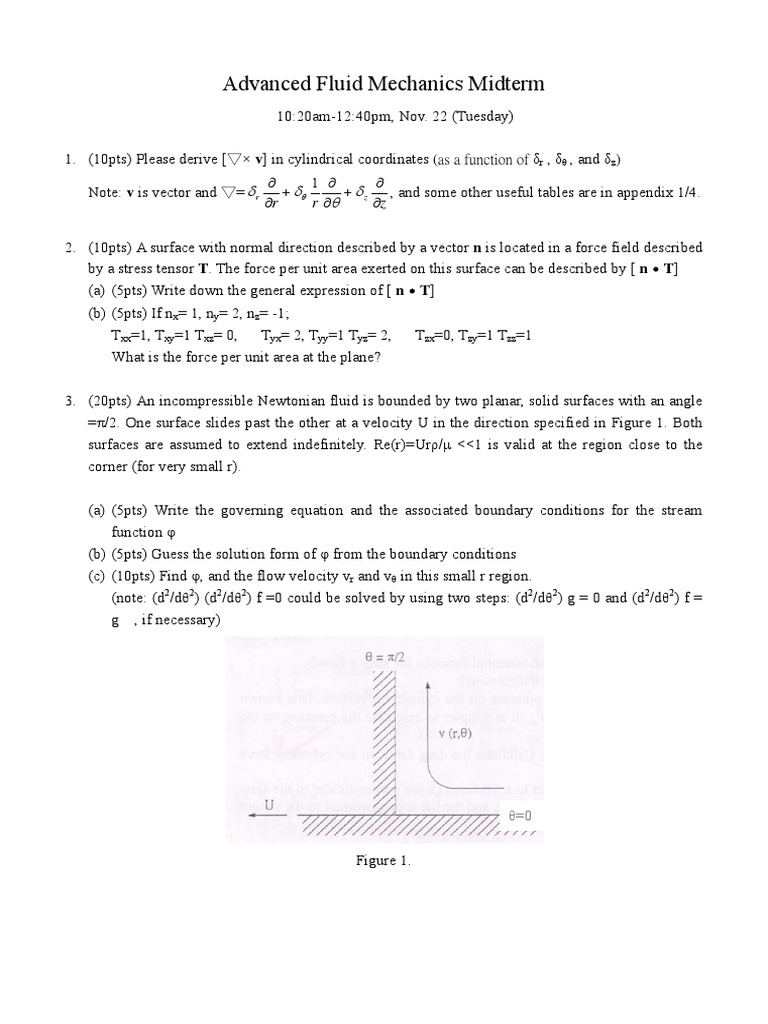 Advanced Fluid Dynamics Midterm Exam | PDF | Fluid Mechanics | Fluid Dynamics