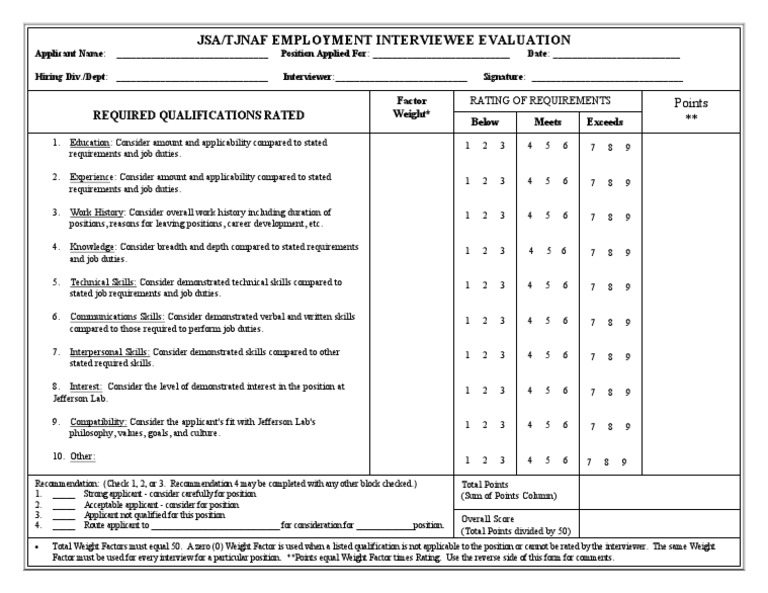 Jsa/Tjnaf Employment Interviewee Evaluation: Required Qualifications ...