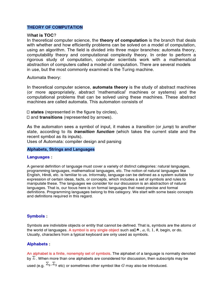 TOC Notes | PDF | Automata Theory | Theory Of Computation