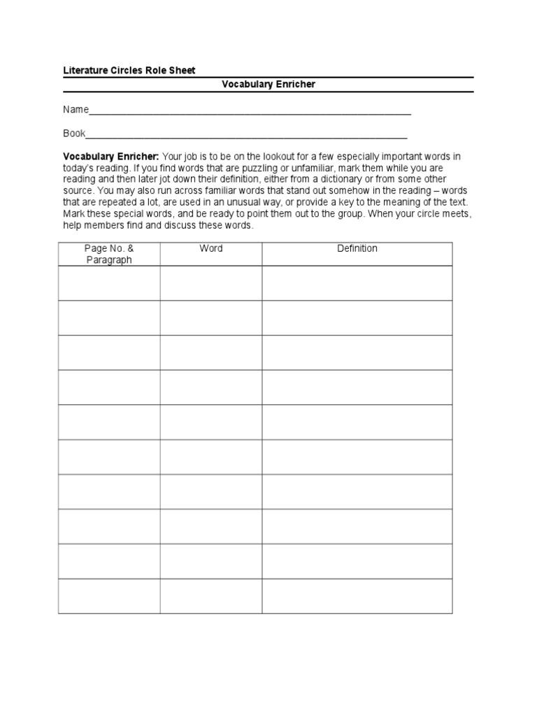 Vocabulary Enricher Role Sheet | PDF