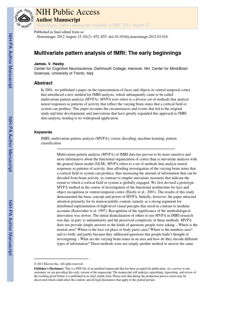NIH Public Access: Multivariate Pattern Analysis of fMRI: The Early Beginnings | PDF ...