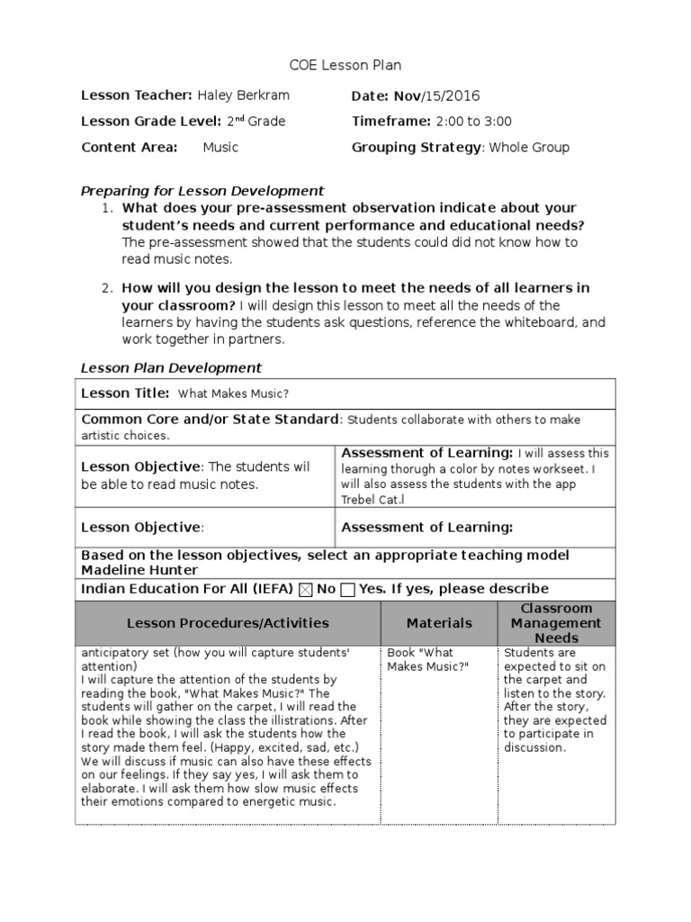 Music Notes Lesson Plan for 2nd Grade | PDF | Lesson Plan | Quality Of Life