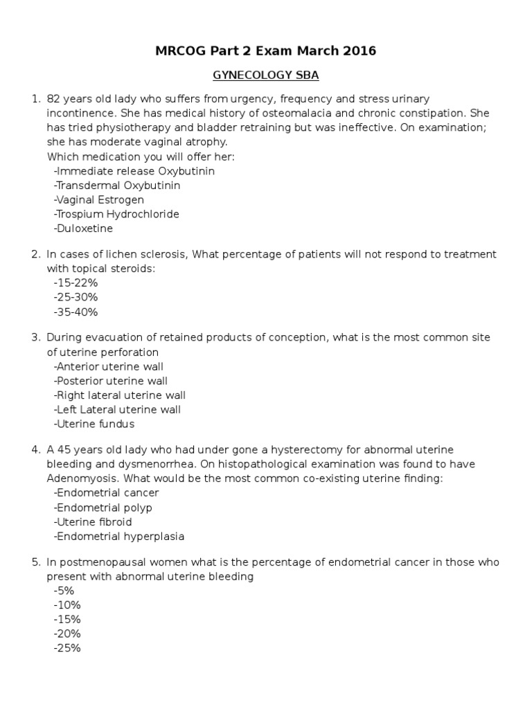 MRCOG Part 2 Exam March 2016 | PDF | Urinary Incontinence | Childbirth