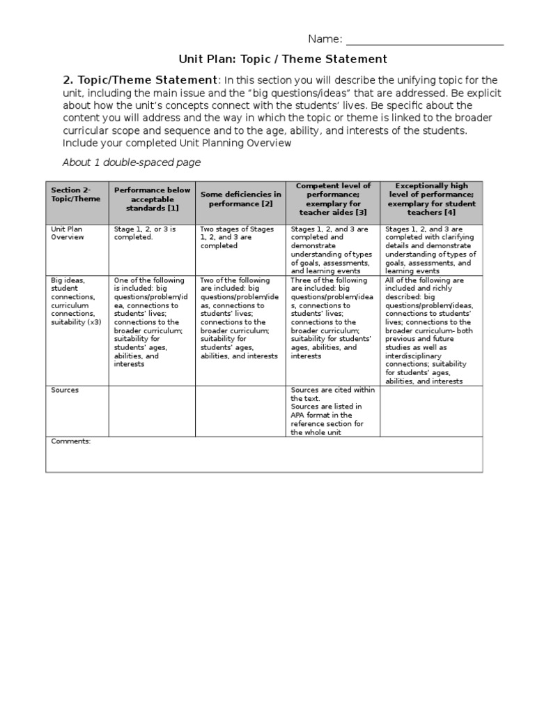 Unit Plan: Topic / Theme Statement 2. Topic/Theme Statement | PDF ...