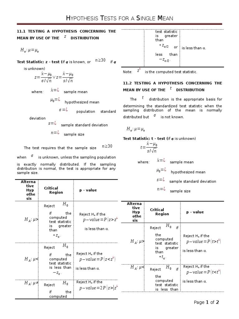 11.hypothesis Test For A Single Mean | Download Free PDF | Statistical ...