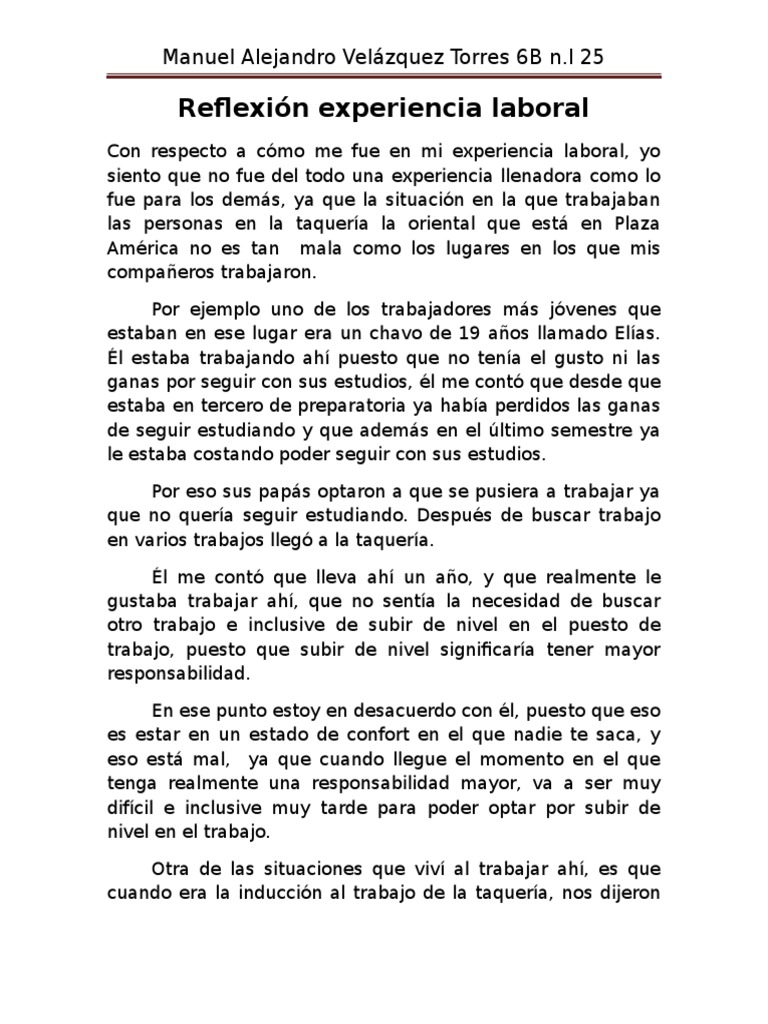 Reflexion Experiencia Laboral | PDF | Ocio