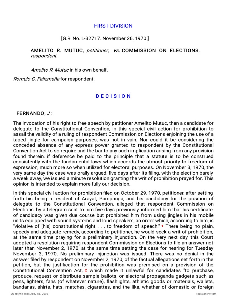 Petitioner vs. vs. Respondent Amelito R. Mutuc Romulo C. Felizmeña ...