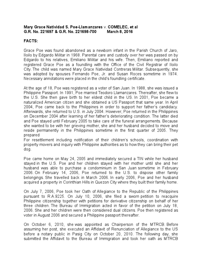 Mary Grace Natividad S. Poe-Llamanzares v. COMELEC, Et Al G.R. No. 221697 & G.R. No. 221698-700 ...