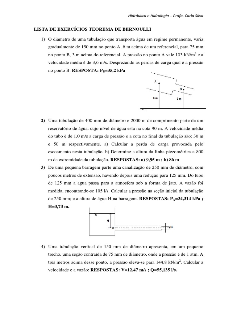Lista de Exercicios Teorema de Bernoulli | PDF | Descarga (hidrologia) | Pressão