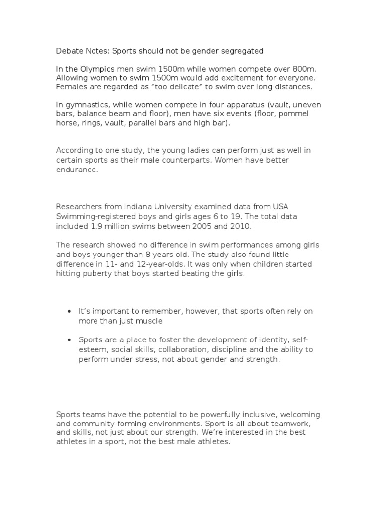 Debate Notes: Sports Should Not Be Gender Segregated in The Olympics | PDF