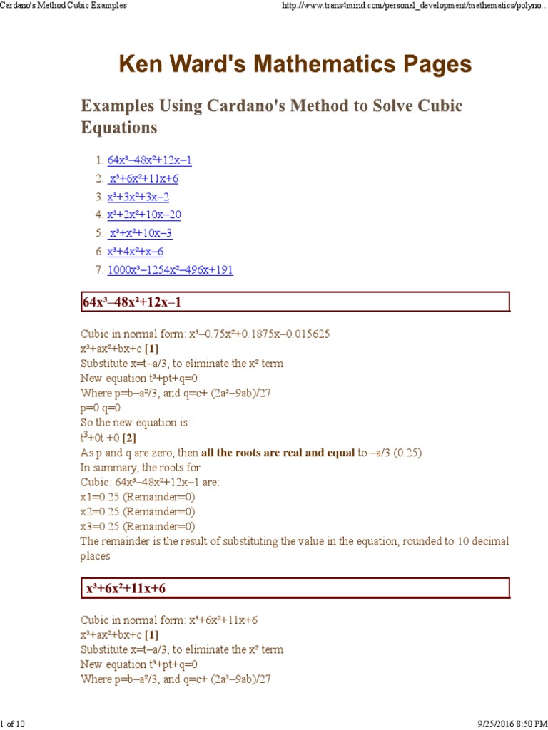 Cardano's Method Cubic Examples | PDF | Trigonometric Functions | Sine
