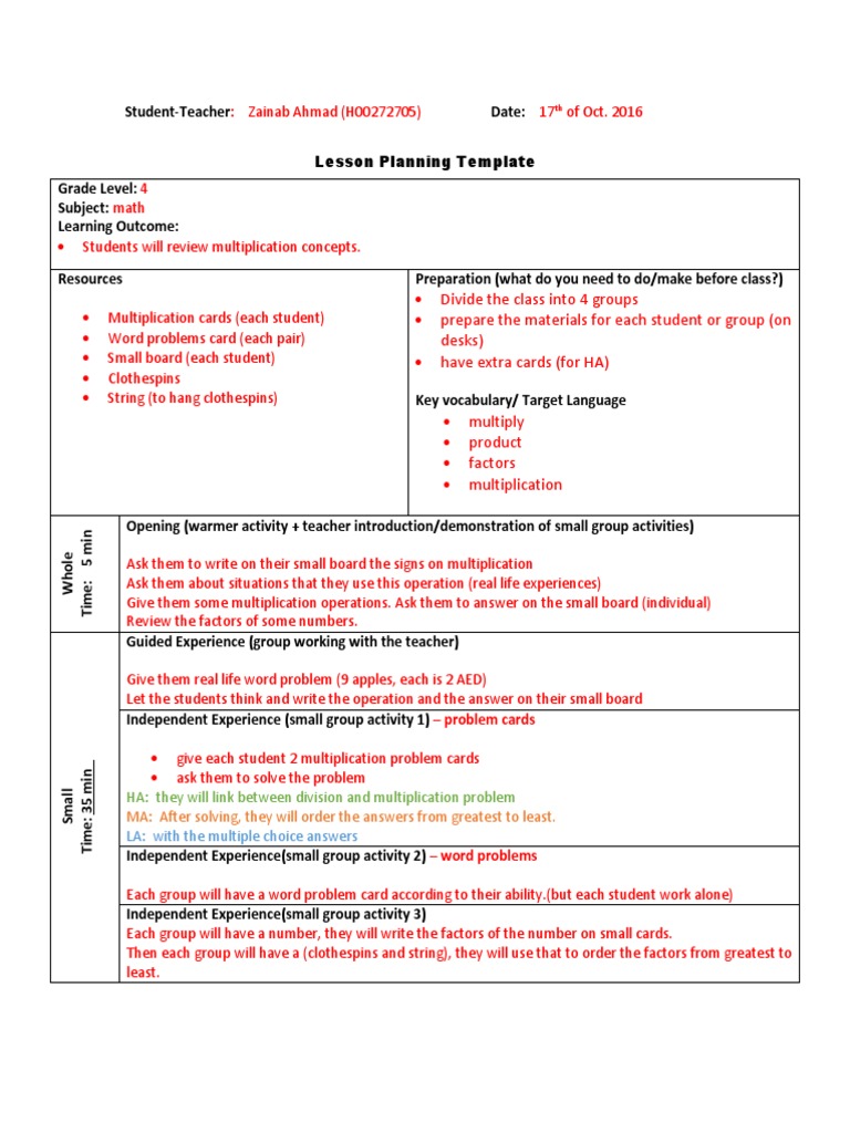 3rd Lesson Plan Multiplication R | PDF | Lesson Plan | Understanding