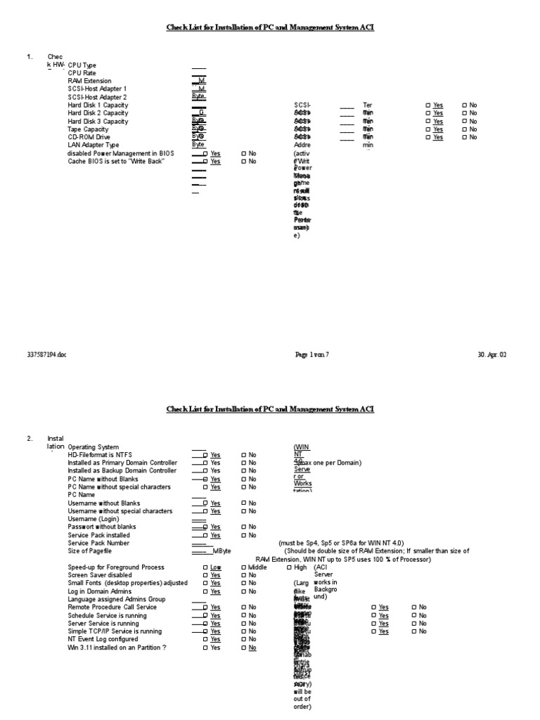 Check List For Installation of PC and Management System ACI: 1. Chec K ...