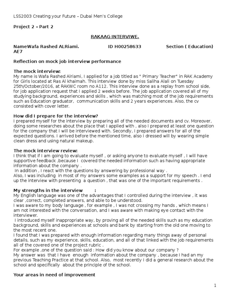 Project 2 Job Interview Reflection 1 | PDF | Job Interview | Question