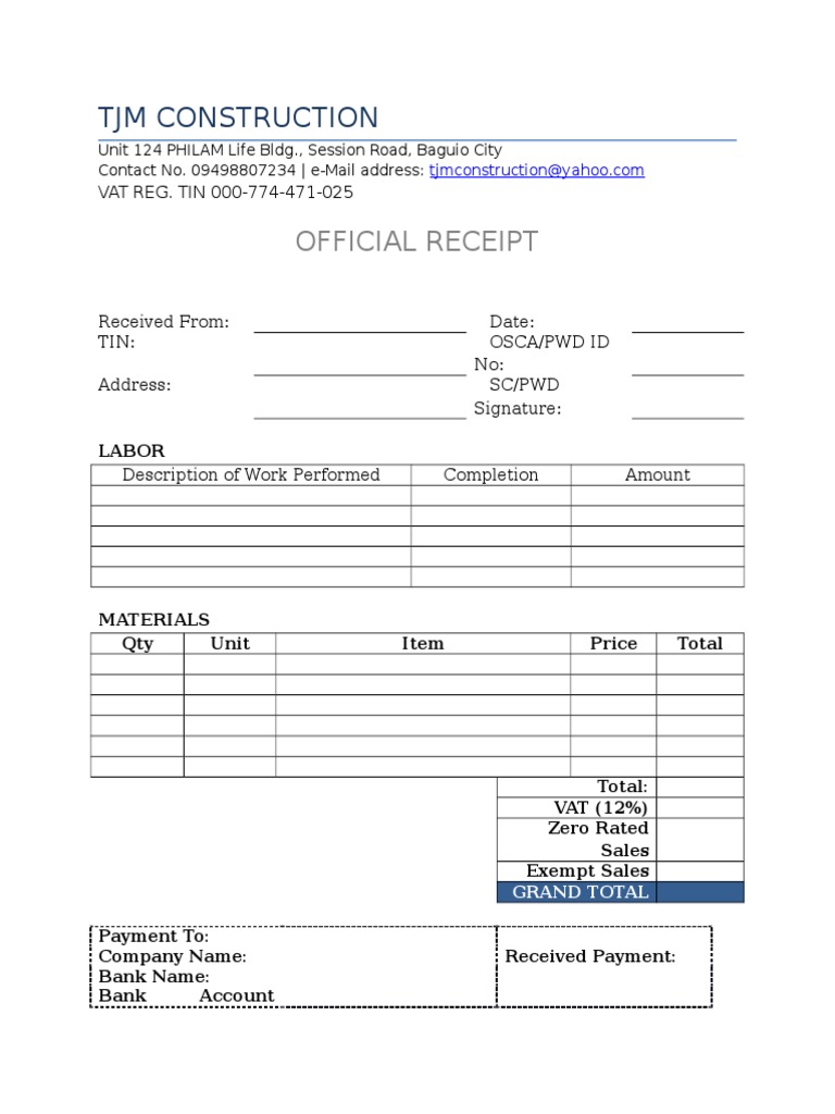 TJM Construction: Official Receipt | PDF | Finance & Money Management