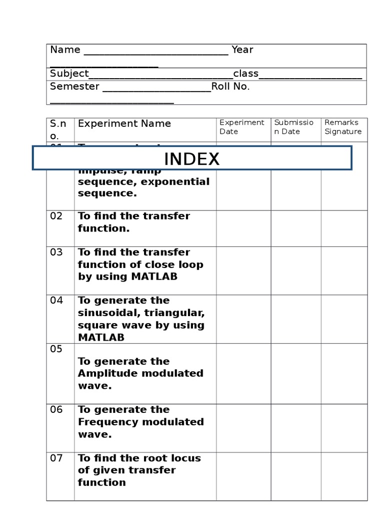 Index: Experiment Date Submissio N Date Remarks Signature | PDF