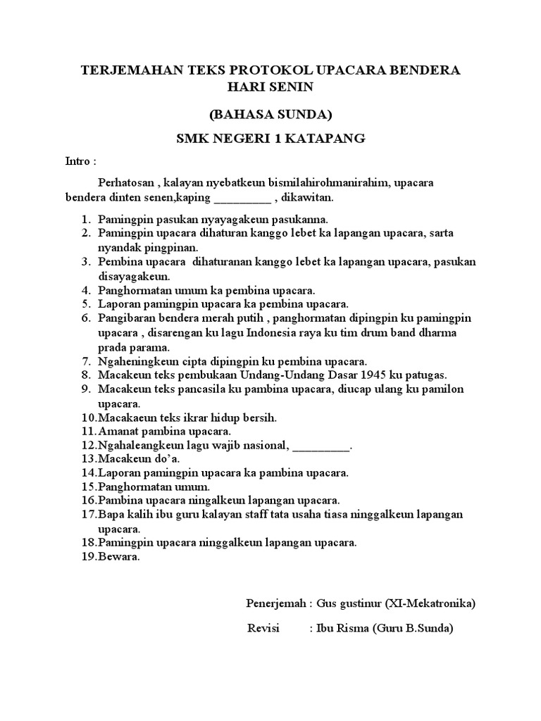 Terjemahan Teks Protokol Upacara Bendera Hari Senin | PDF