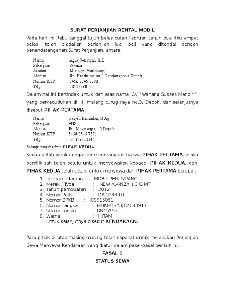 Surat Perjanjian Rental Mobil | PDF