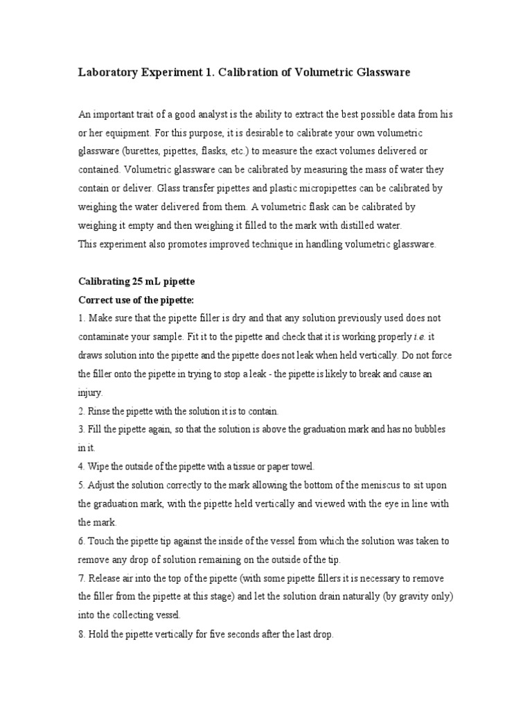 Laboratory Experiment 1. Calibration of Volumetric Glassware | PDF | Nature