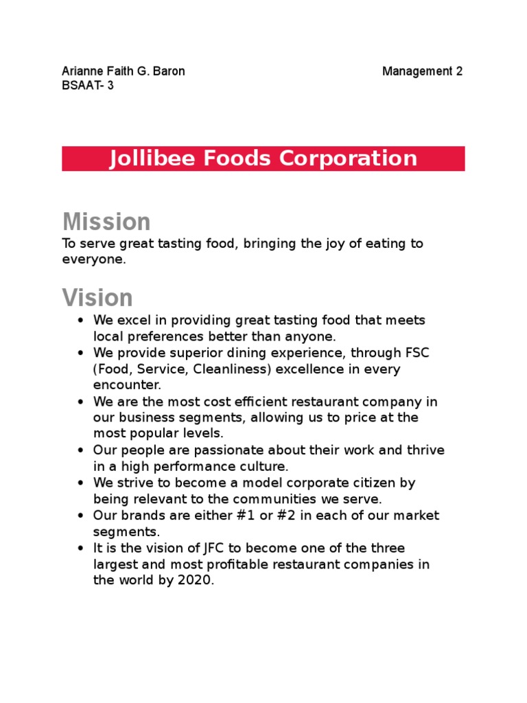 Mission Vision: Jollibee Foods Corporation | PDF