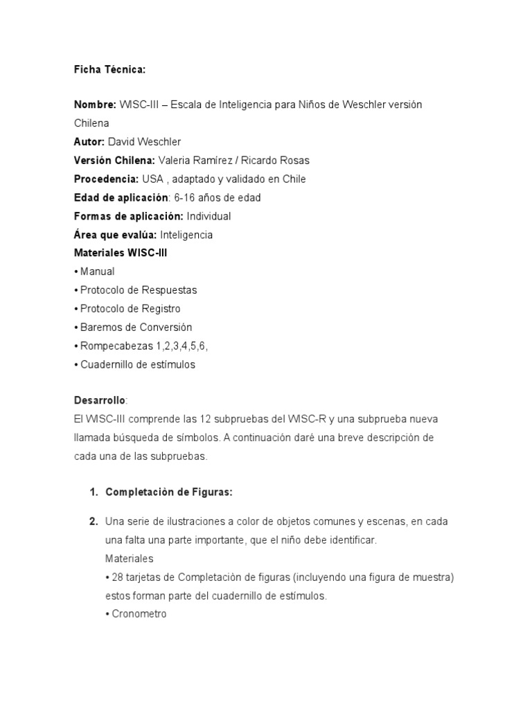 Ficha Técnica Wisc III | PDF | Lápiz | Ciencia cognitiva