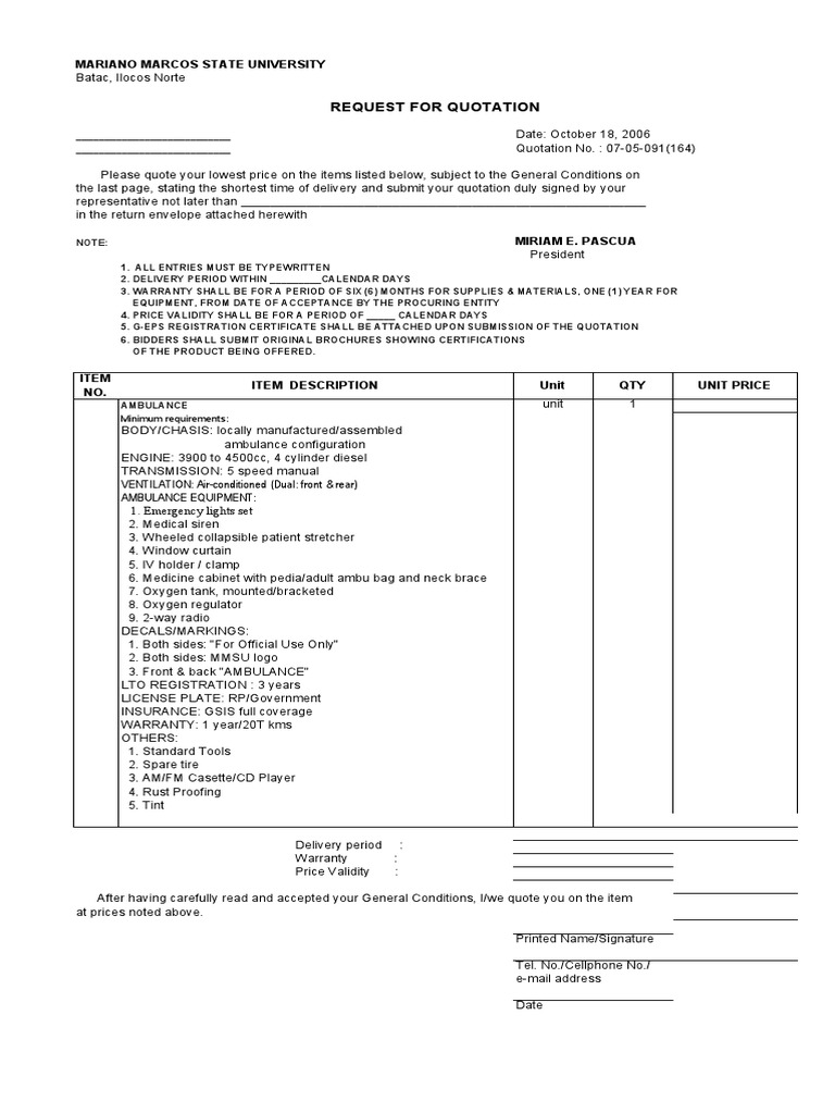 Ambulance Quotation Request Form | PDF | Ambulance | Vehicle Technology