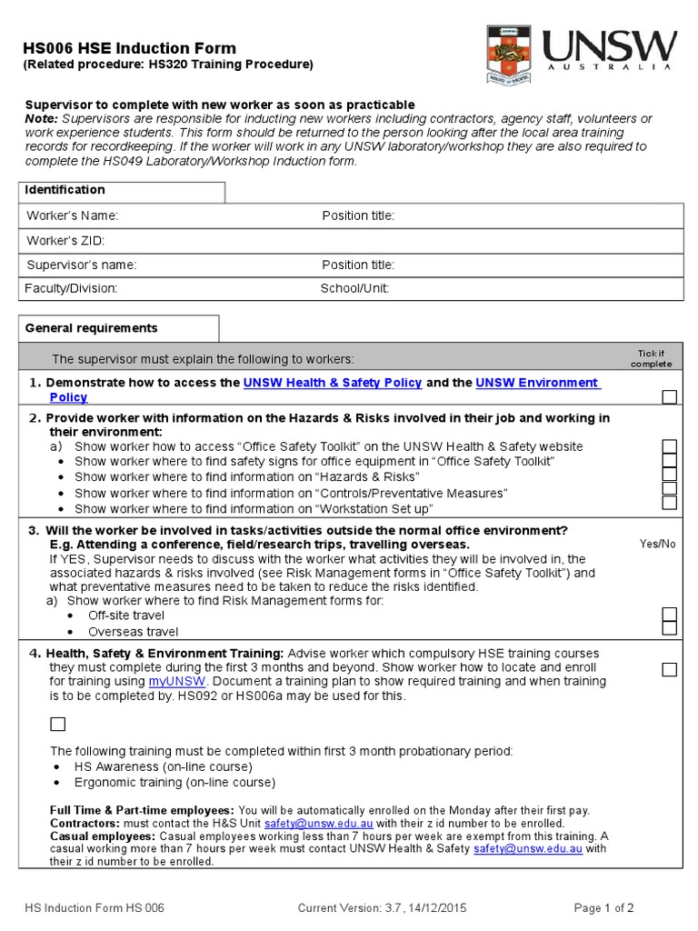 HS006 Induction Form - HS | Occupational Safety And Health | Risk ...
