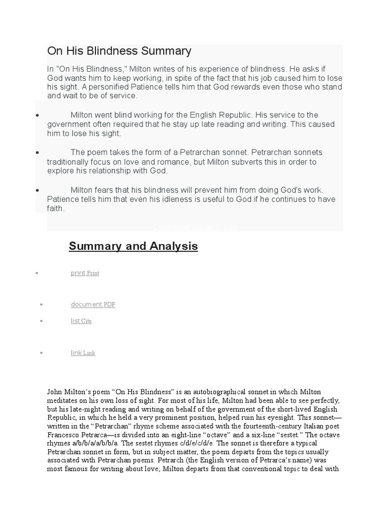 On His Blindness Summary | PDF | Sonnets | Poetry