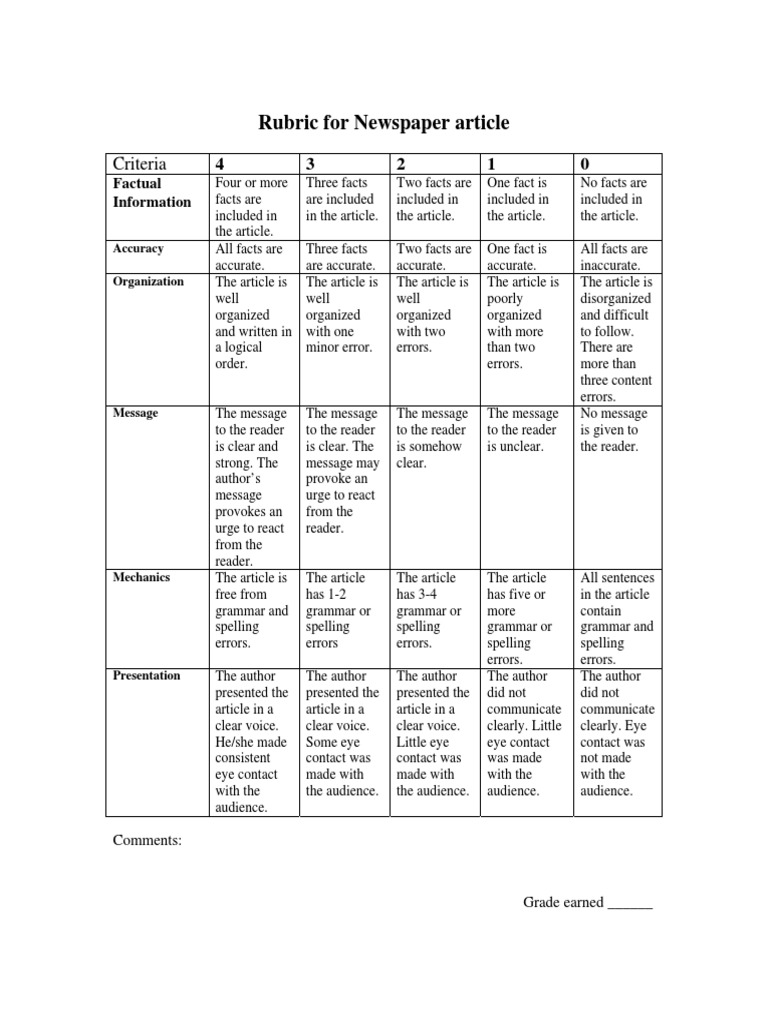 Rubric For Newspaper Article: Criteria | PDF