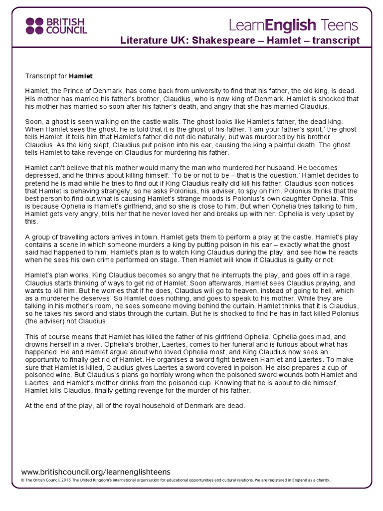 Literature UK: Shakespeare - Hamlet - Transcript | PDF | Hamlet