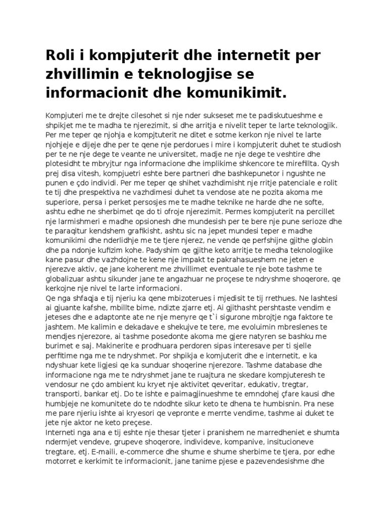 Roli I Kompjuterit Dhe Internetit Per Zhvillimin e Teknologjise Se Informacionit Dhe Komunikimit ...