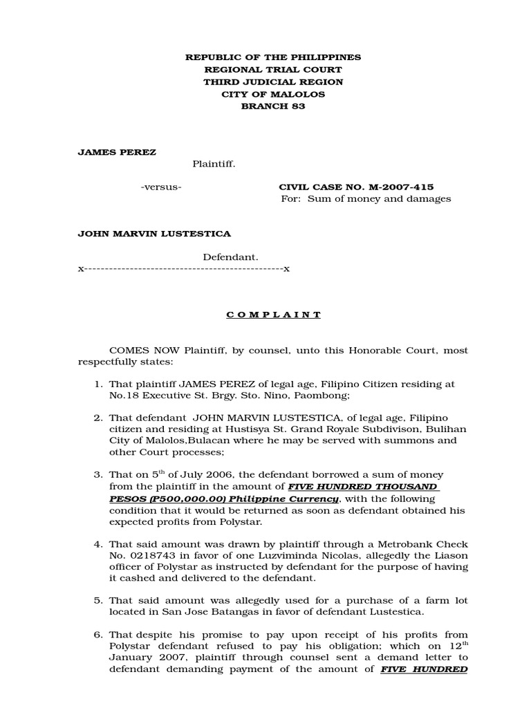 Plaintiff James Perez Sum of Money | PDF | Affidavit | Lawsuit