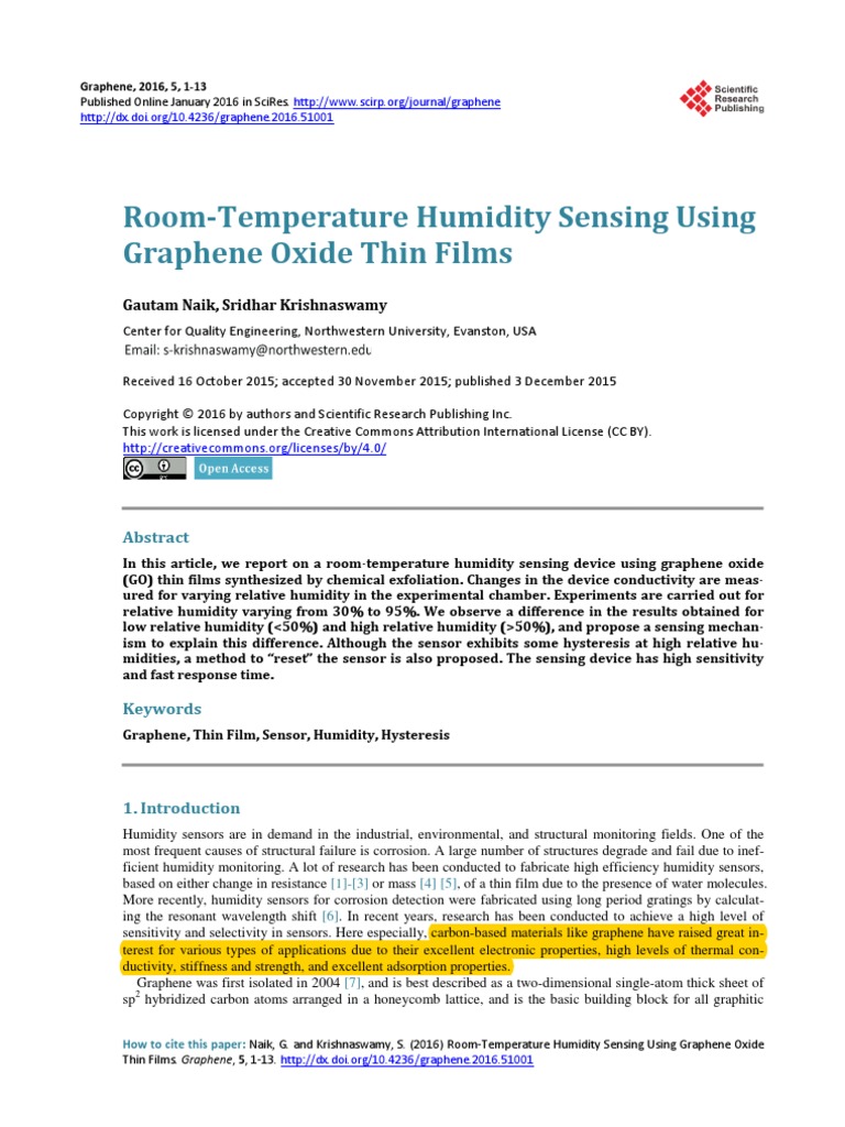 Room-Temperature Humidity Sensing Using Graphene Oxide Thin Films PDF | PDF