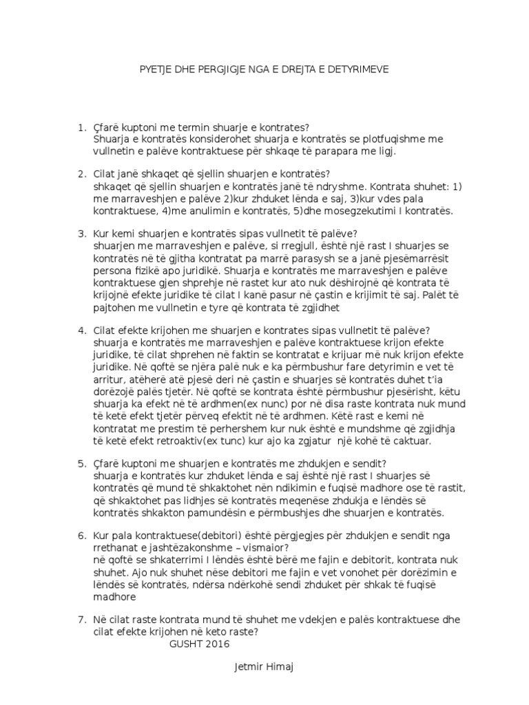 Pyetje Dhe Pergjigje Nga e Drejta e Detyrimeve | PDF