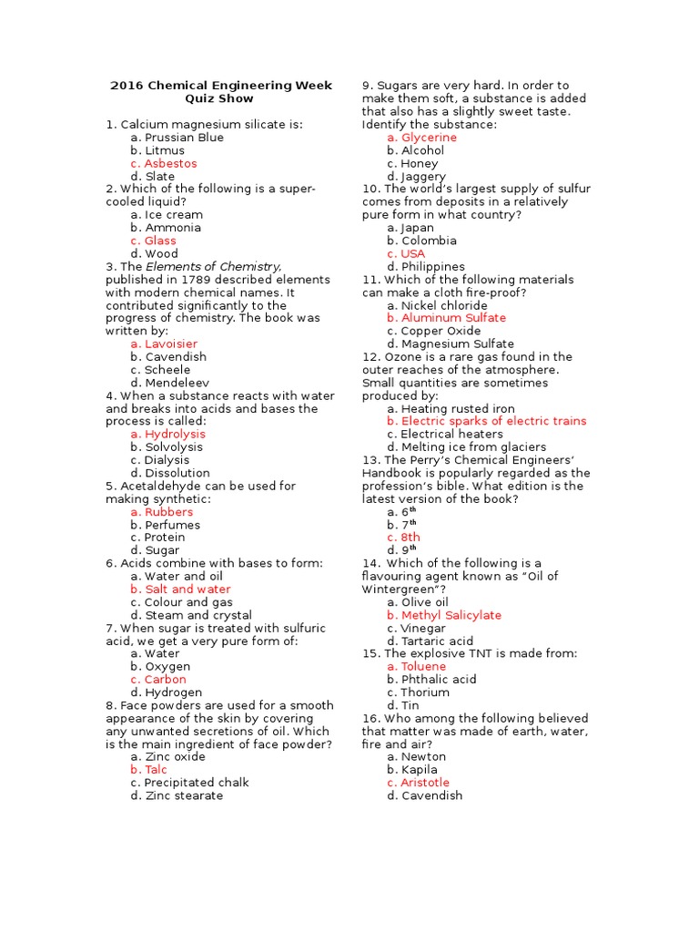 2016 Chemical Engineering Week Quiz Show | PDF | Carbon | Sulfuric Acid