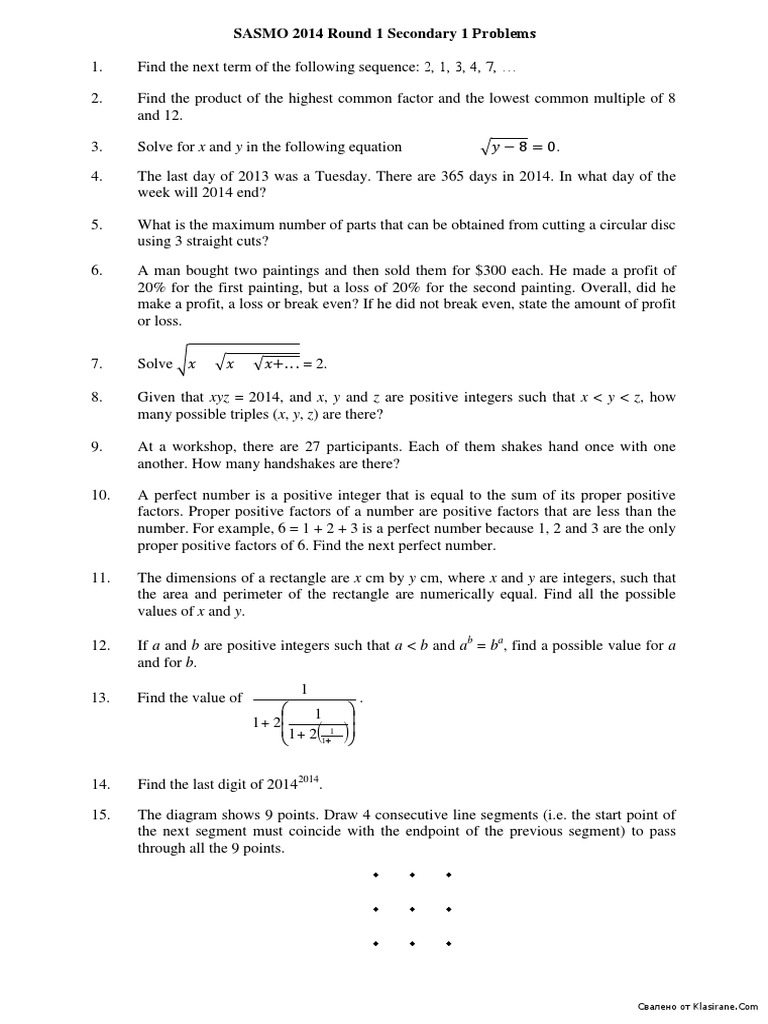 SASMO 2014 Round 1 Secondary 1 Problems | PDF | Integer | Geometry
