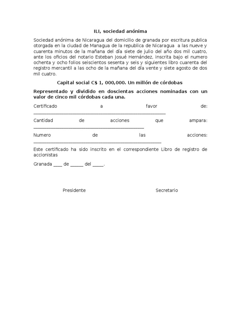 Certificado de acciones de la sociedad anónima ILI | PDF