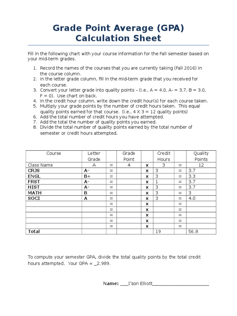 Gpa Calculation Sheet 1 | PDF | Course Credit | Student Assessment And ...